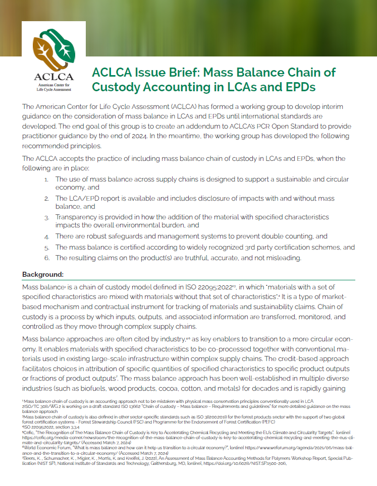 ACLCA Issue Brief: Mass Balance Chain of Custody Accounting in LCAs an